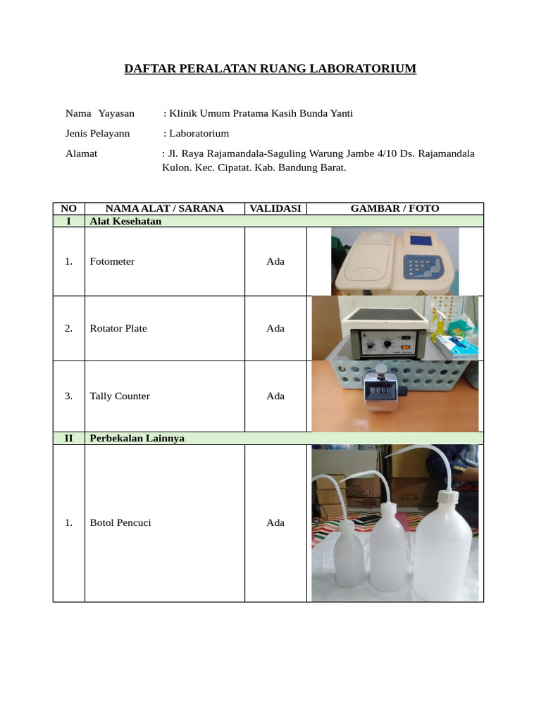 Daftar Peralatan Ruang Laboratorium | PDF