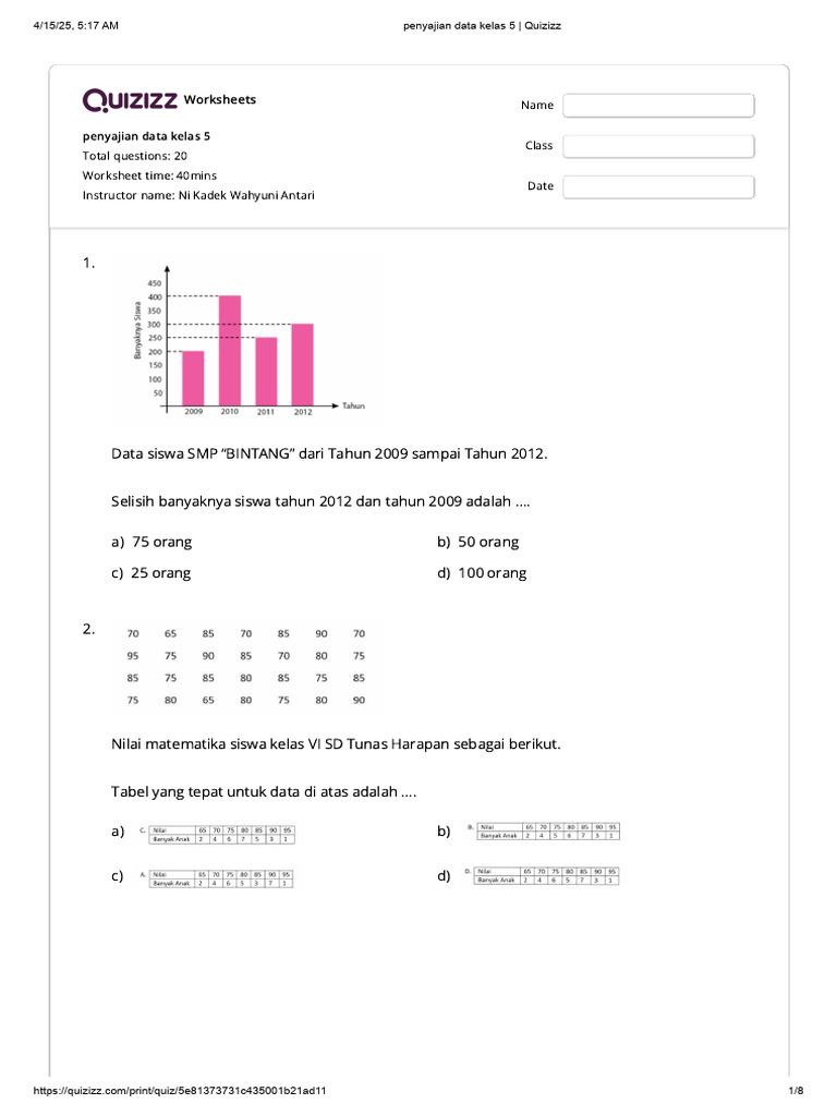 Penyajian Data Kelas 5 - Quizizz | PDF