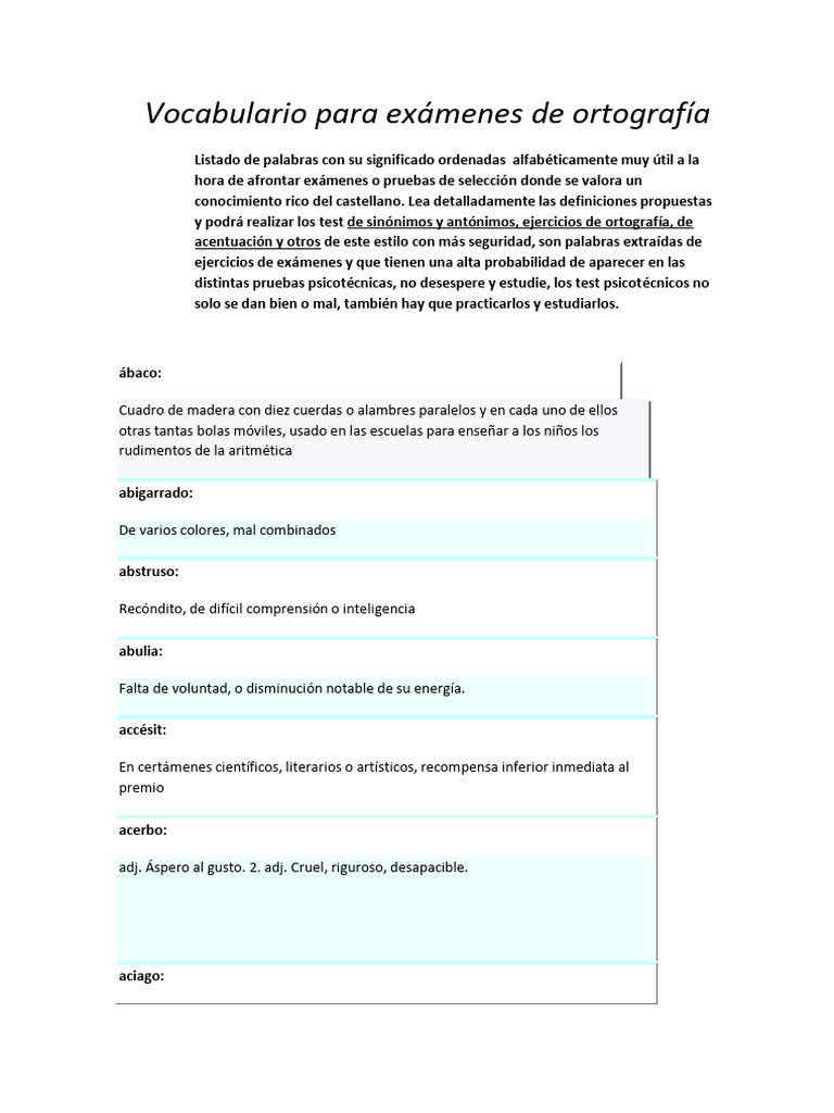 Vocabulario para Exámenes | PDF