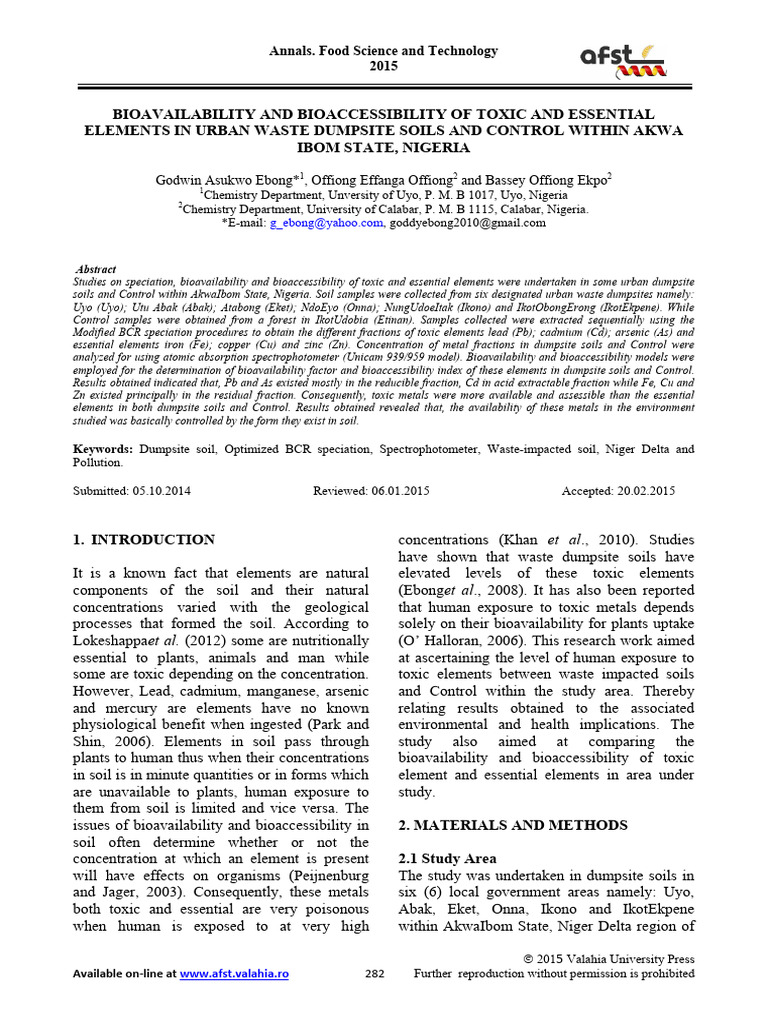 Bioavailability and Bioaccessibility of Toxic and Essential Elements in Urban Waste Dumpsite ...