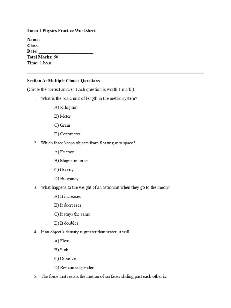 Form 1 Physics Practice Worksheet | PDF | Force | Buoyancy