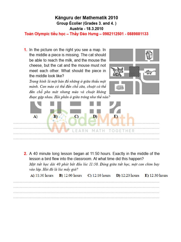 Đề thi Toán học IKMC KANGAROO quốc tế KHỐI 3,4 - Năm 2010 | PDF