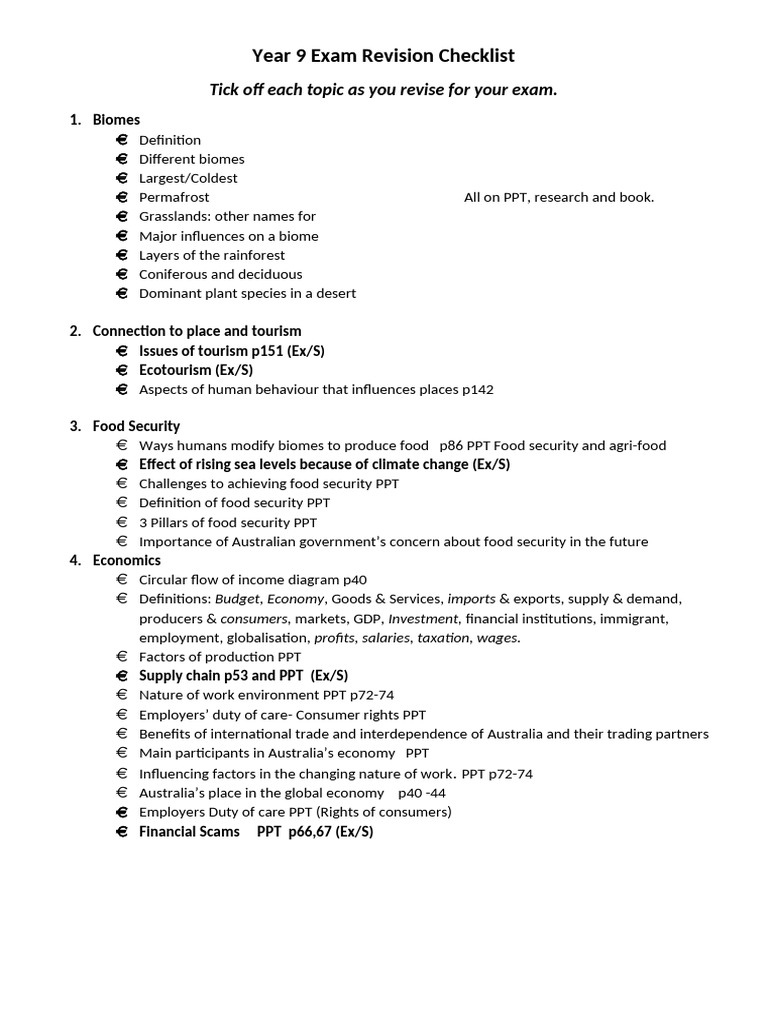 Year 9 Exam Revision Checklist | PDF