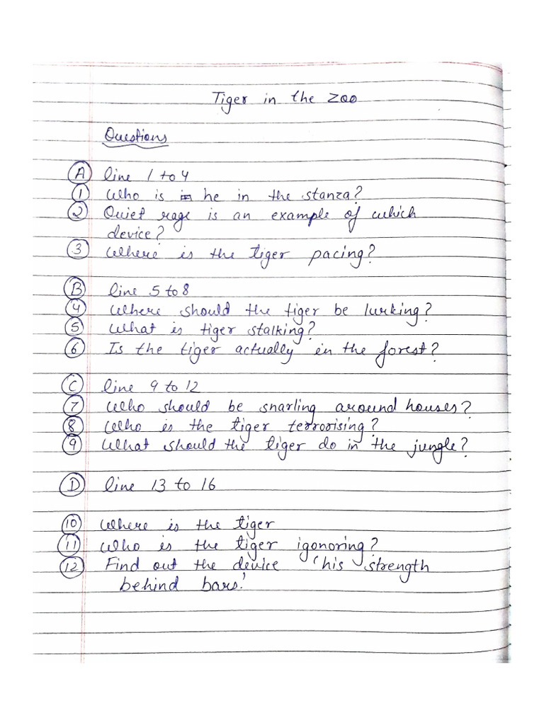 Tiger in The Zoo - Questions | PDF