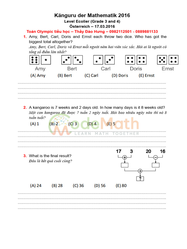 Đề Thi Toán Học Ikmc Kangaroo Quốc Tế Khối 3,4 - Năm 2016 | PDF