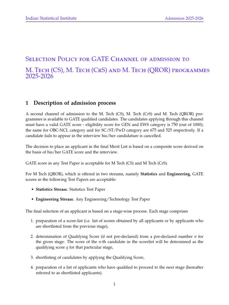 GATE Admission Policy for ISI 2025-2026 | PDF