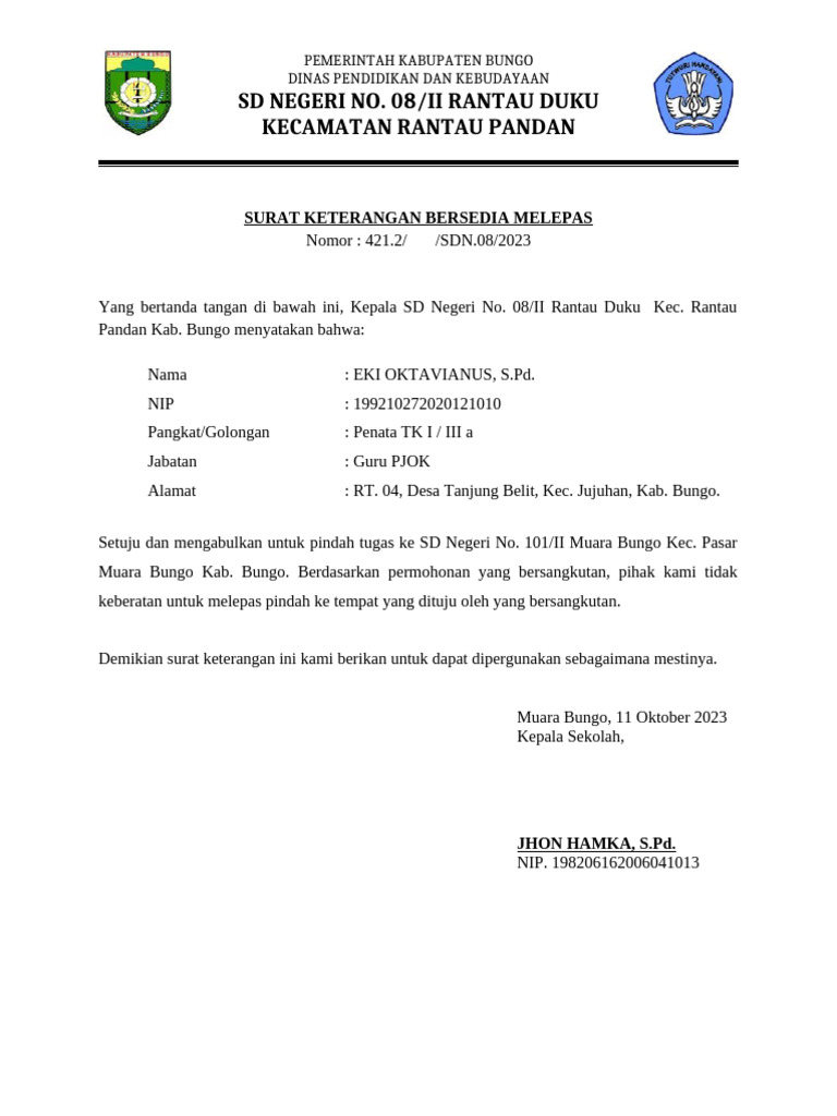 Surat Keterangan Pindah SDN 101 Muara Bungo | PDF