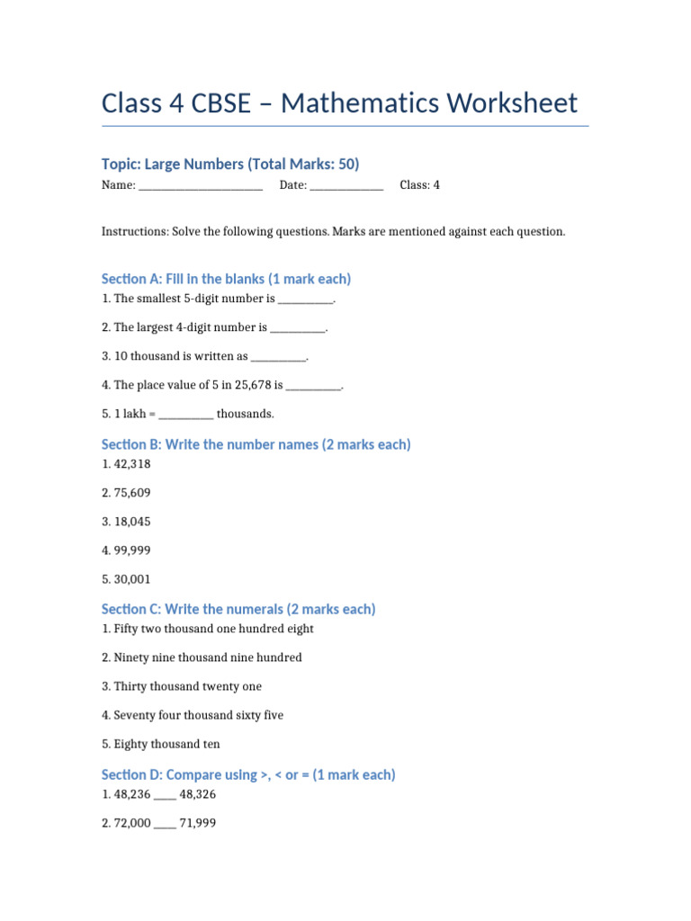 Class4 CBSE Large Numbers 50 Marks | PDF