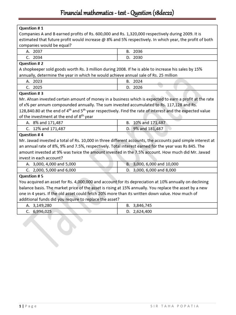 Financial Mathematics Test Questions | PDF