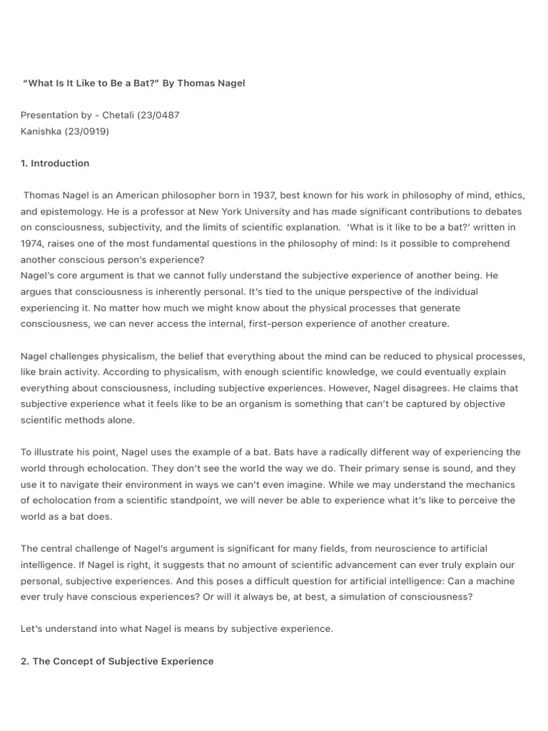 "What Is It Like To Be A Bat?" by Thomas Nagel | PDF | Qualia | Experience
