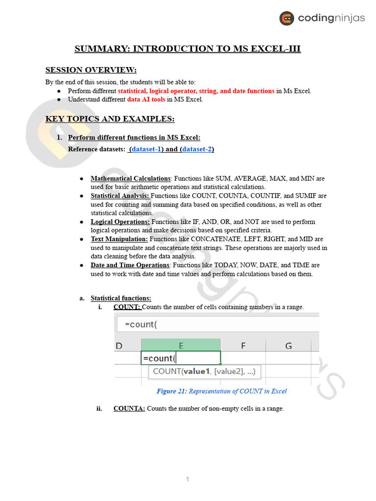 Class 5 - Summary - Introduction To MS Excel-III-4148 | PDF | Microsoft ...