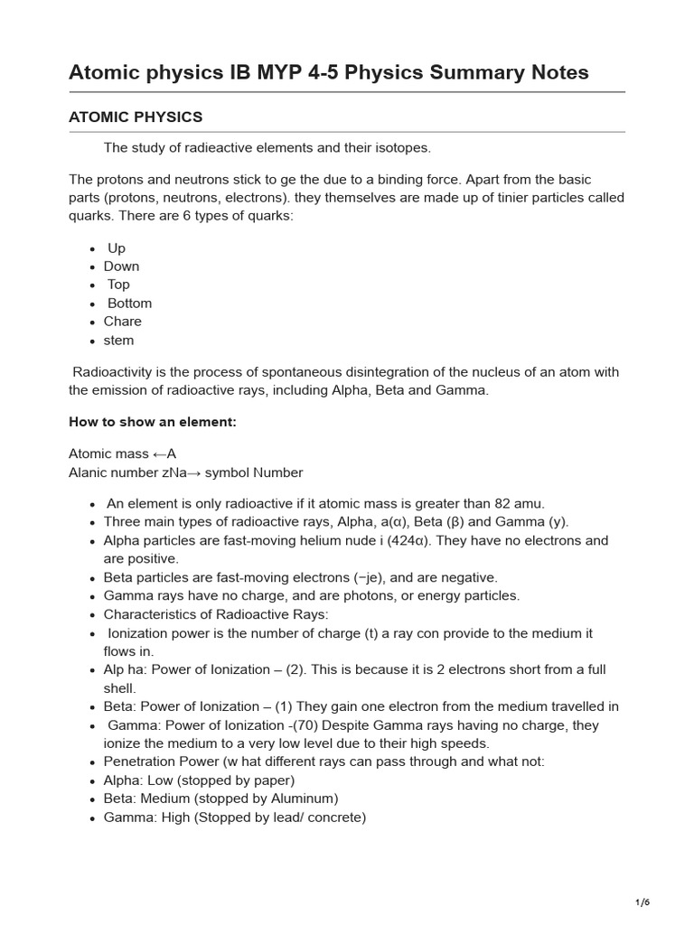 Atomic Physics IB MYP 4-5 Physics Summary Notes | PDF | Radioactive ...