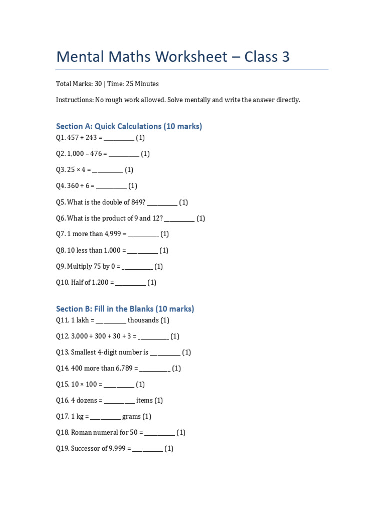 Class 3 Mental Maths Worksheet | PDF