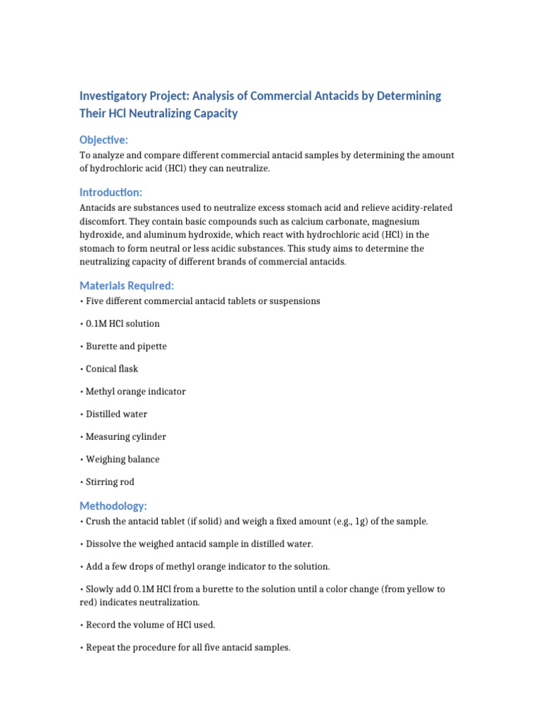 Investigatory Project Antacids | PDF | Hydrochloric Acid | Chemistry