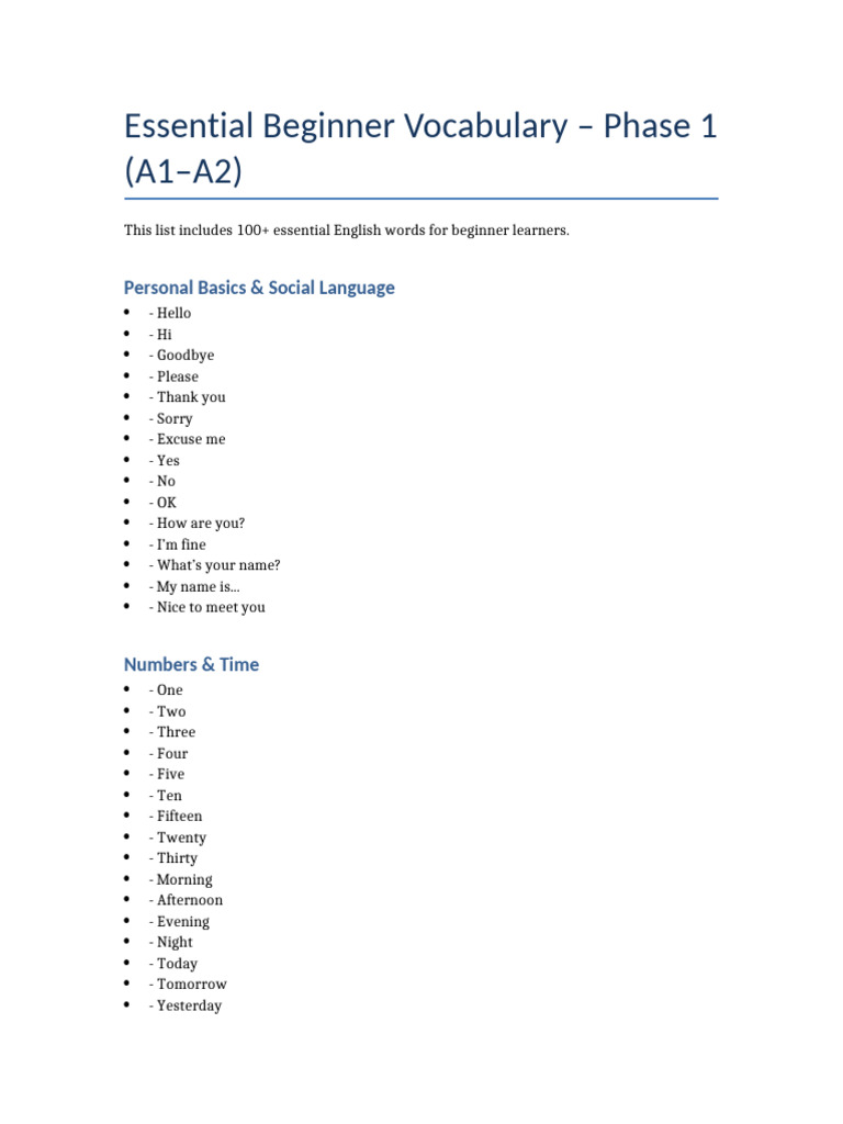 Essential Beginner Vocabulary List Phase1 | PDF