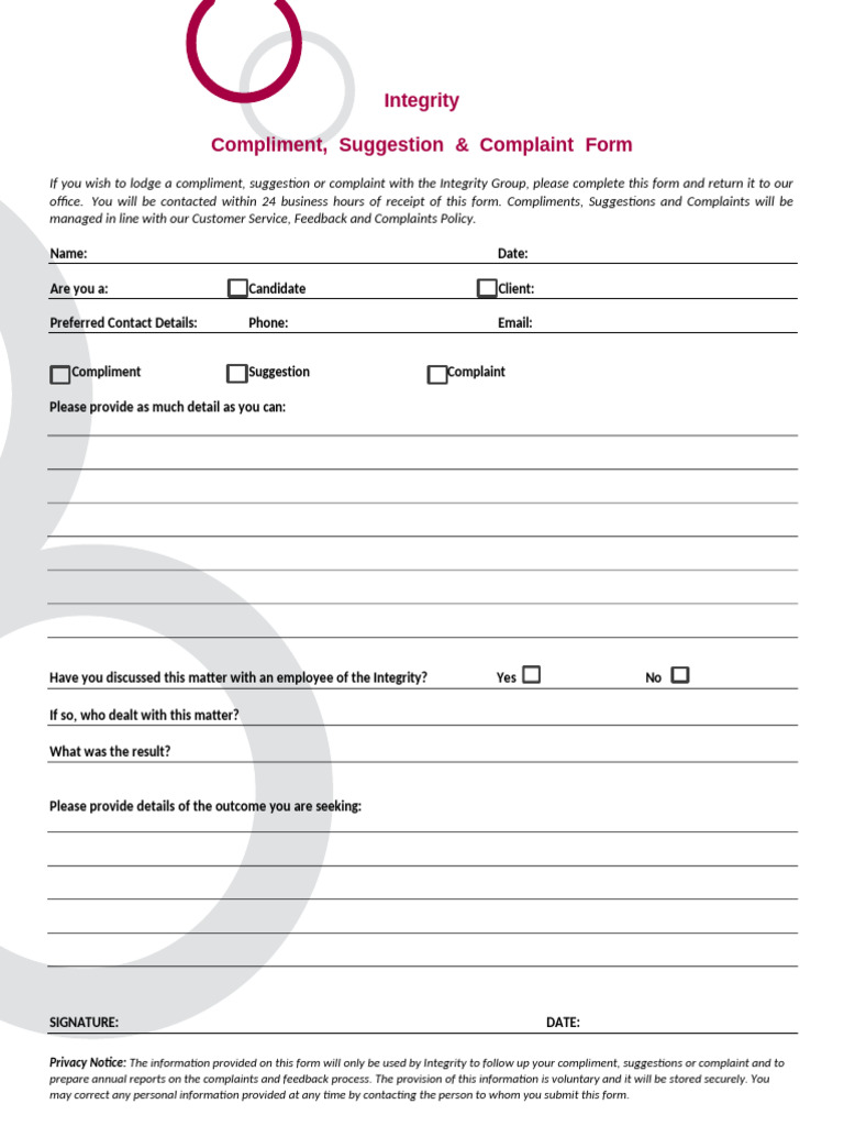 Compliment, Suggestion and Complaint Form | PDF