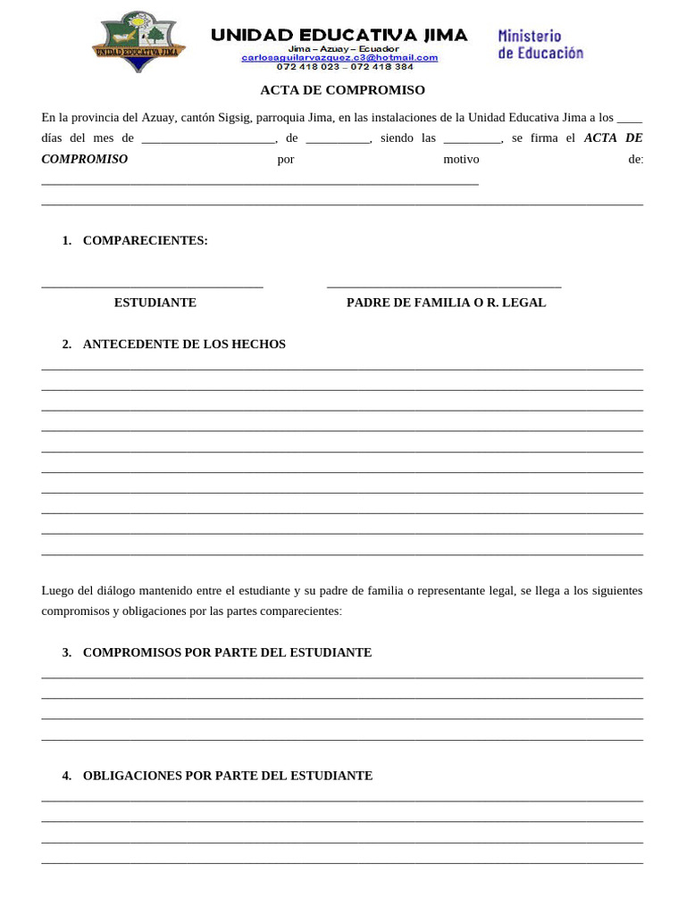 Formato Acta de Compromiso Estudiante - Docente 2024-2025 | PDF