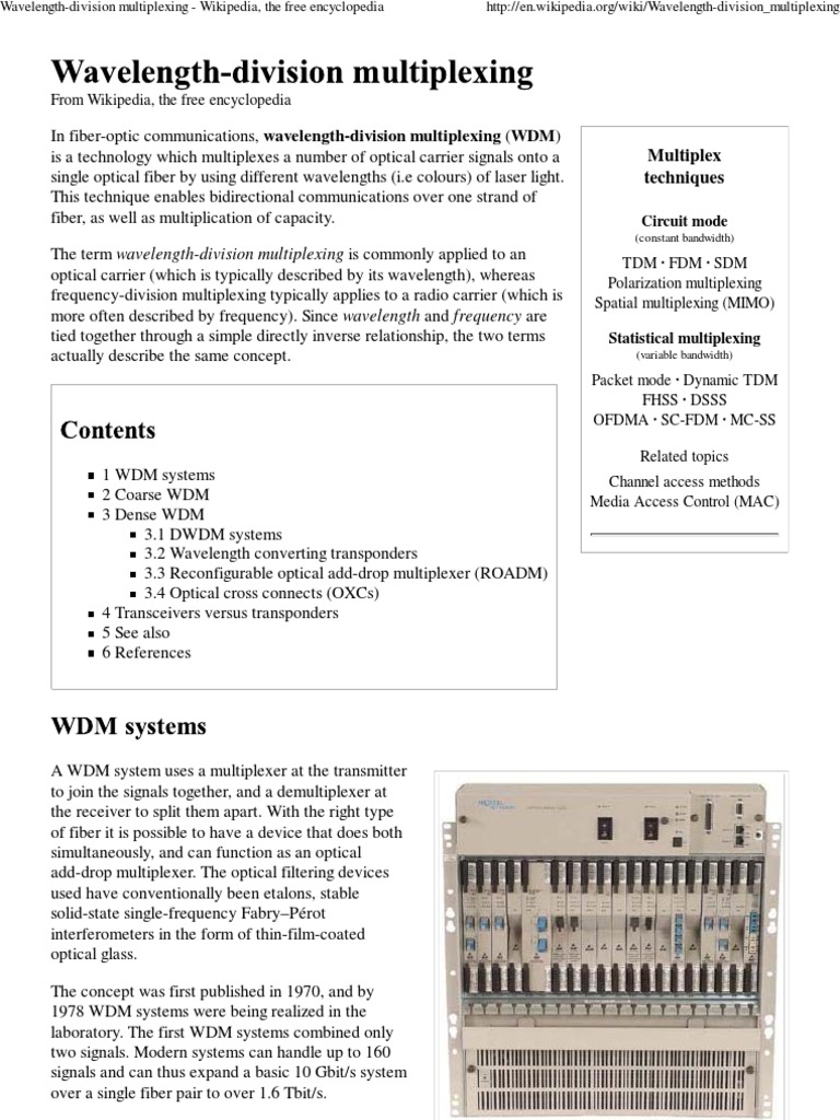 Wavelength Division Multiplexing Wikipedia The Free Encyclopedia