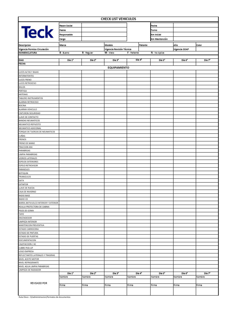 LV - Check List Preuso Camionetas (CPC) TECK | PDF | Vehículo de motor ...