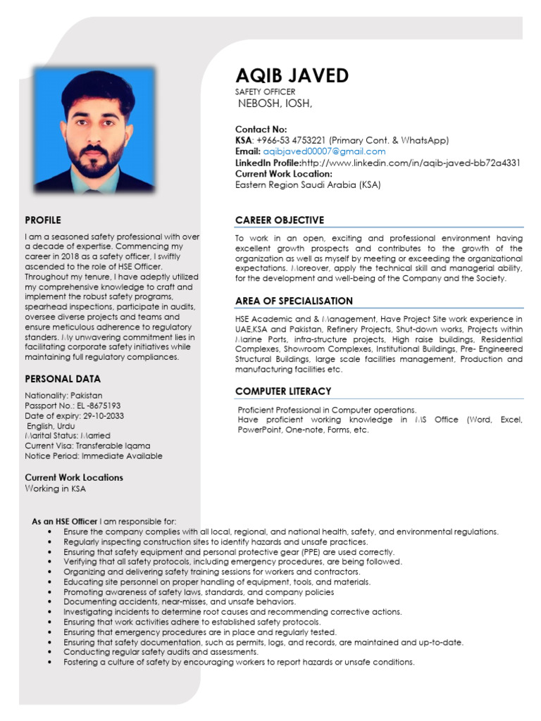 Safety Officer (Aqib Javed) | PDF | Safety | Personal Protective Equipment