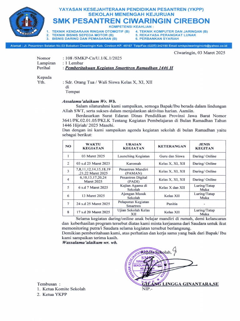 Surat Pemberitahuan Kegiatan Smarttren 2024-2025 | PDF