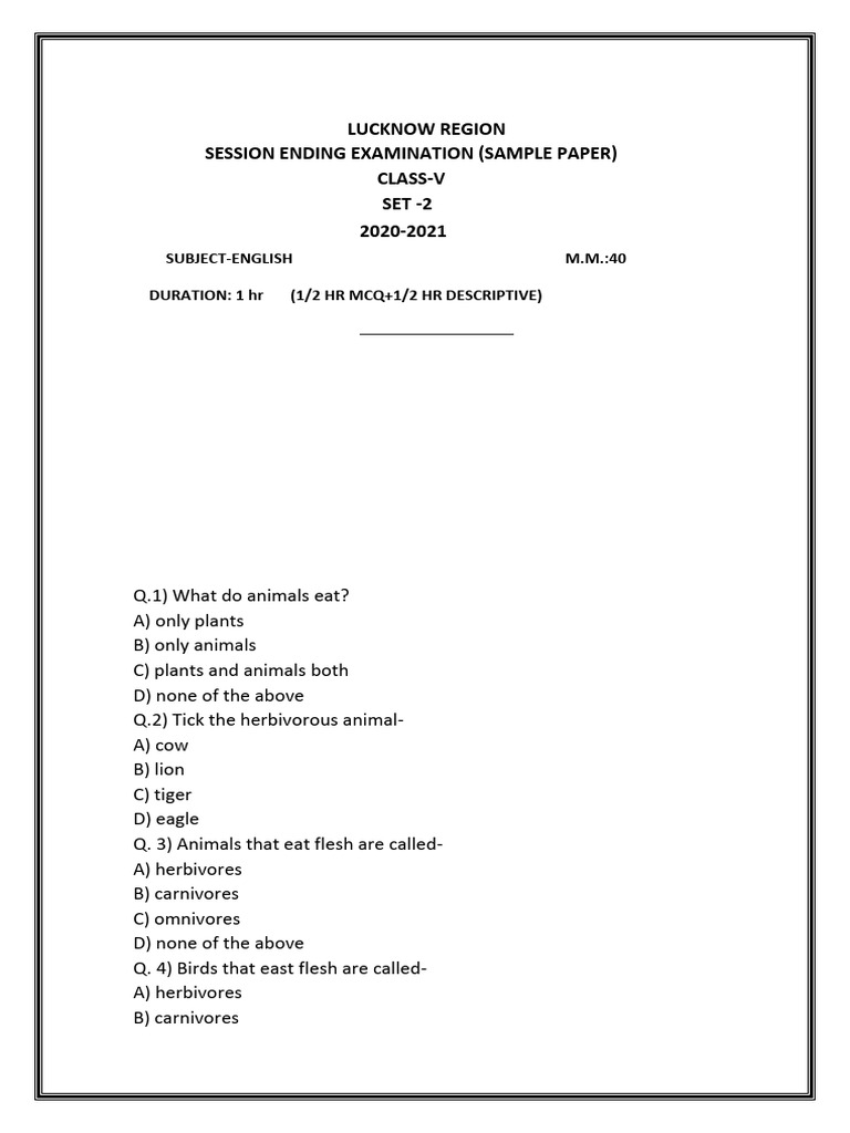 Class 5 English Sample Paper Set 2 | PDF | Organisms | Biology