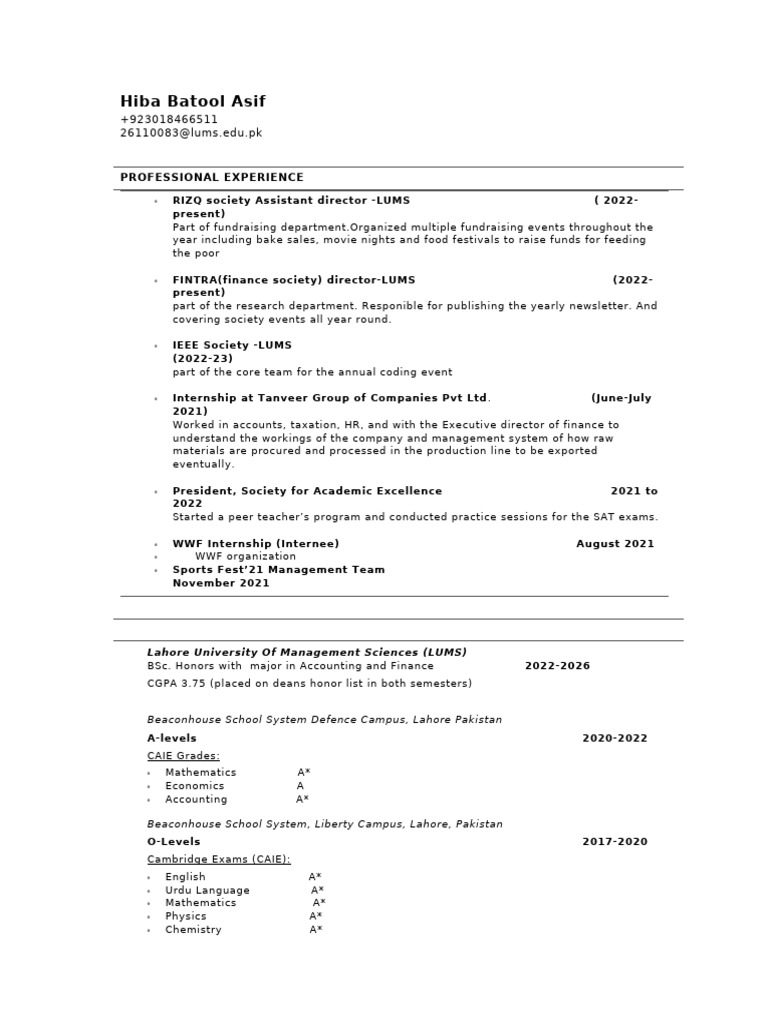 Hiba Batool Asif CV | PDF