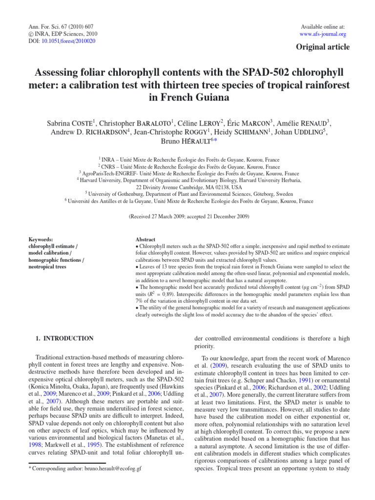 Assessing Foliar Chlorophyll Contents With The SPAD-502 Chlorophyll | PDF | Akaike Information ...