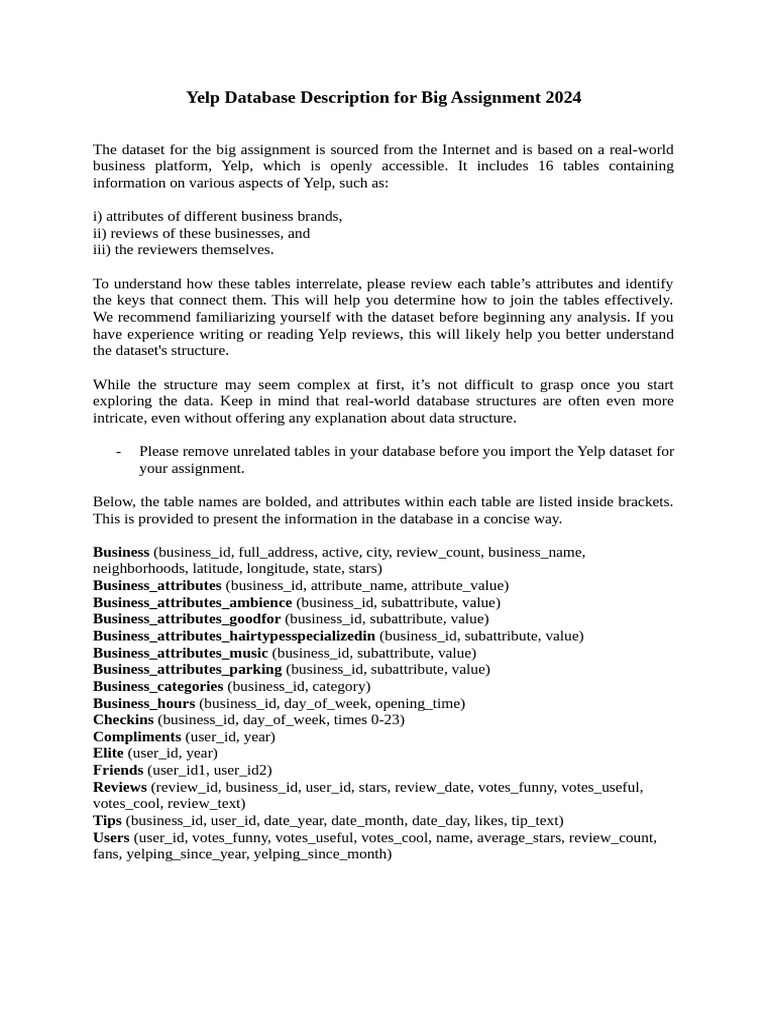 Yelp Dataset Overview for 2024 Assignment | PDF | Databases ...