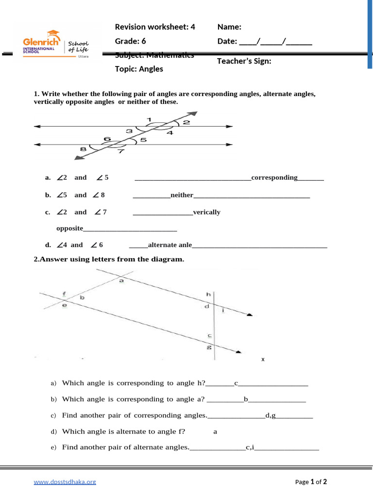 Angles Worksheet for Grade 6 | PDF