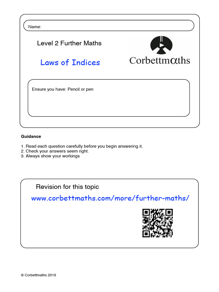 Laws of Indices Practice Worksheet | PDF