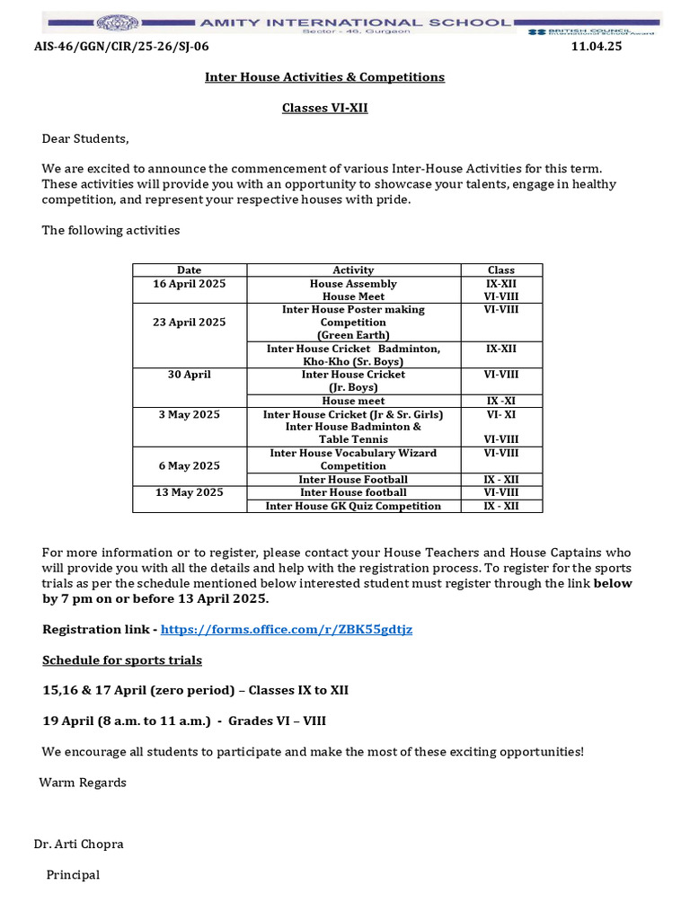 Inter House Competitions Schedule 2025 | PDF | Sports | Summer Sports