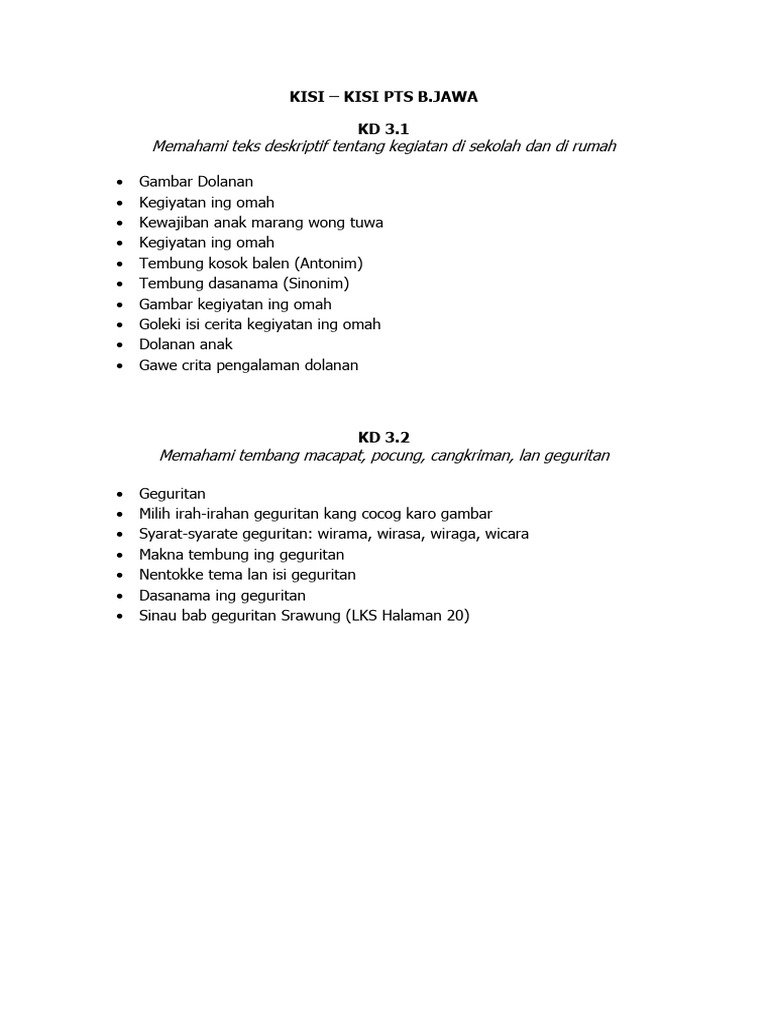 1. Kisi-kisi Pts b.jawa Fix | PDF