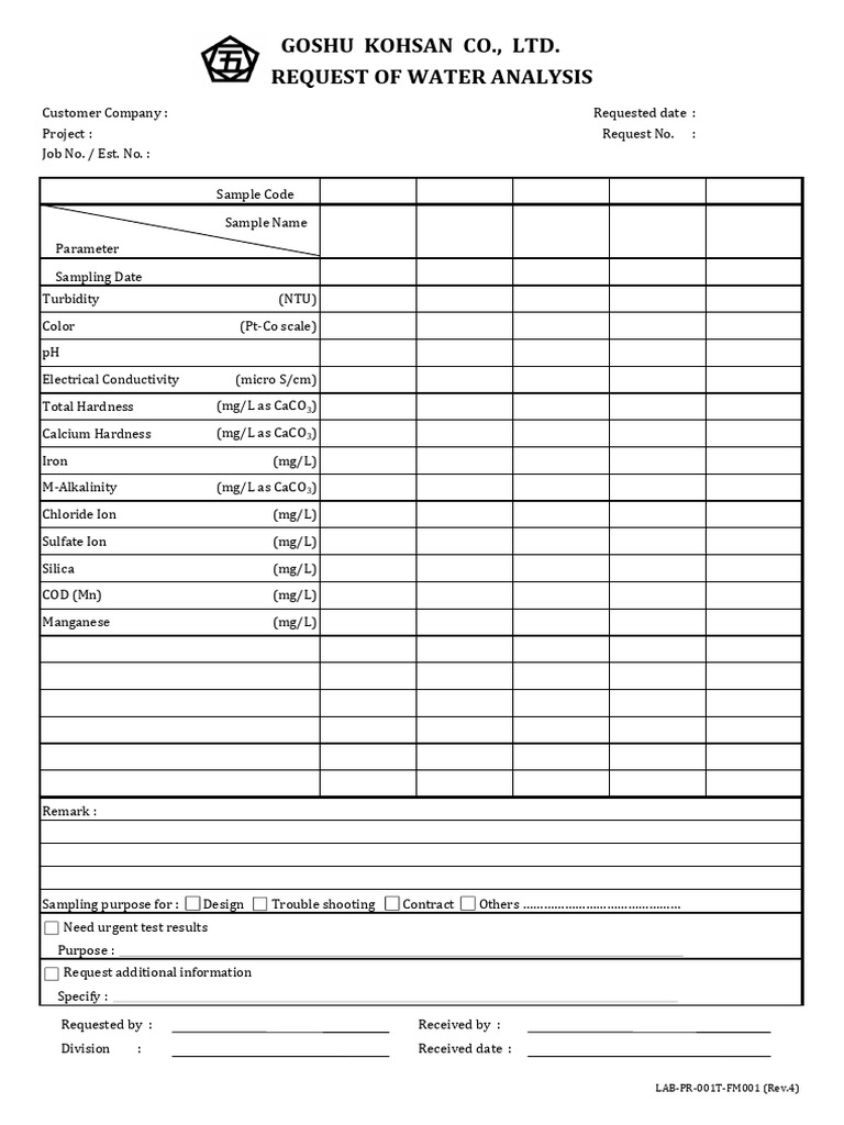 Water Analysis Request Form | PDF