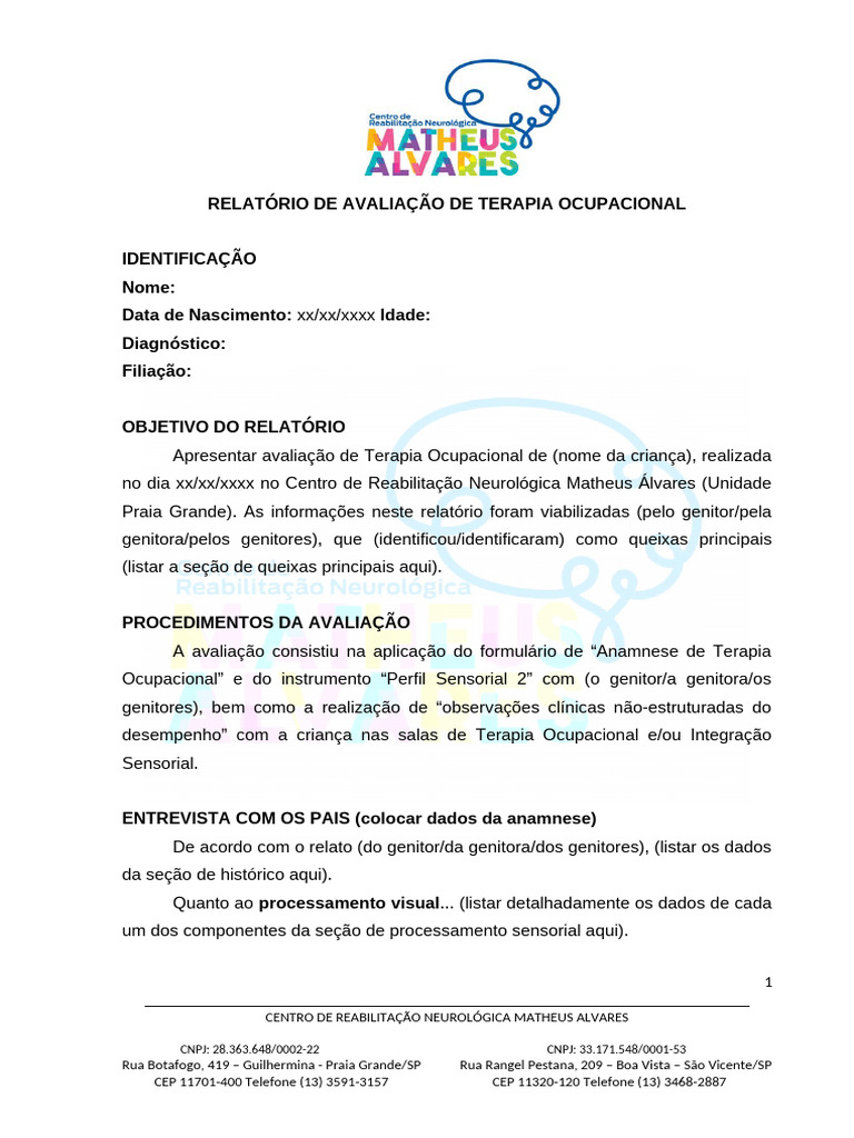 Modelo de Relatório de Terapia Ocupacional | PDF | Comportamento ...