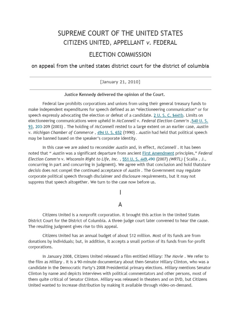 Citizens United Majority Opinion | PDF | Citizens United V. Fec ...