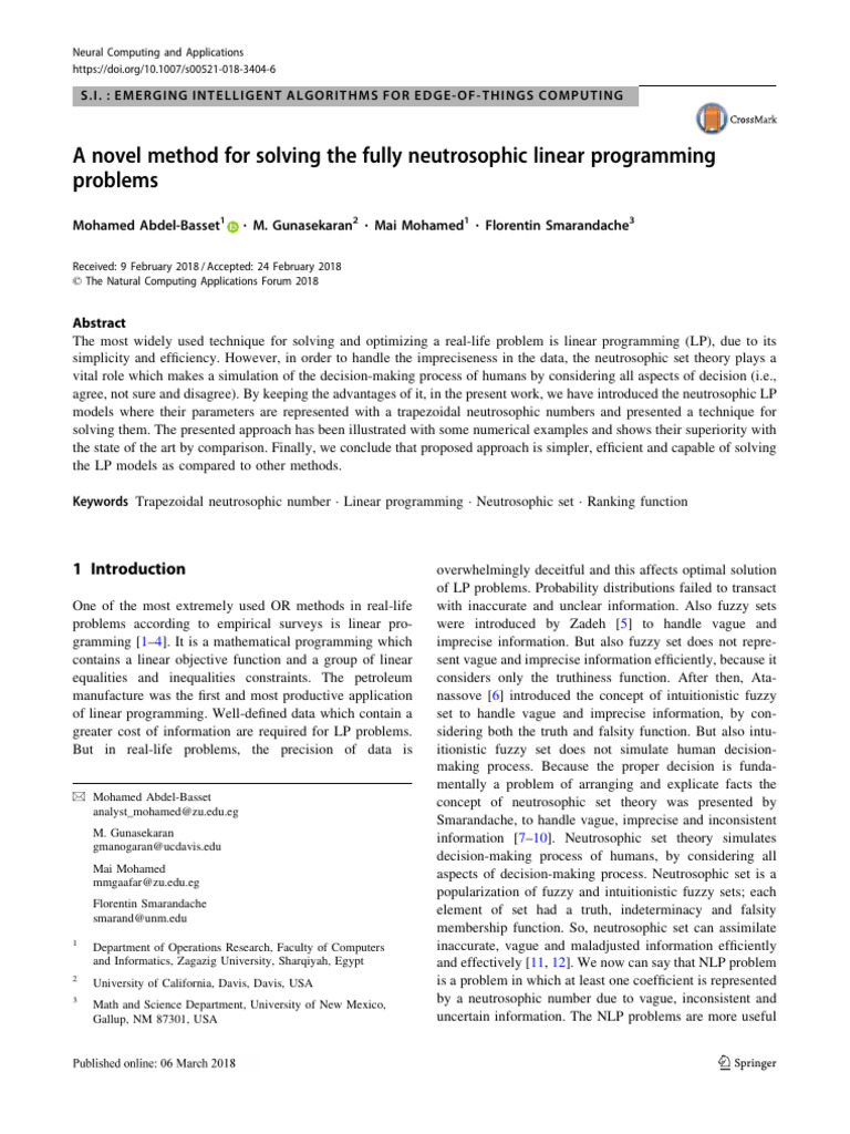 A Novel Method for Solving the Fully Neutrosophic Linear Programming Problems(2019) | PDF ...