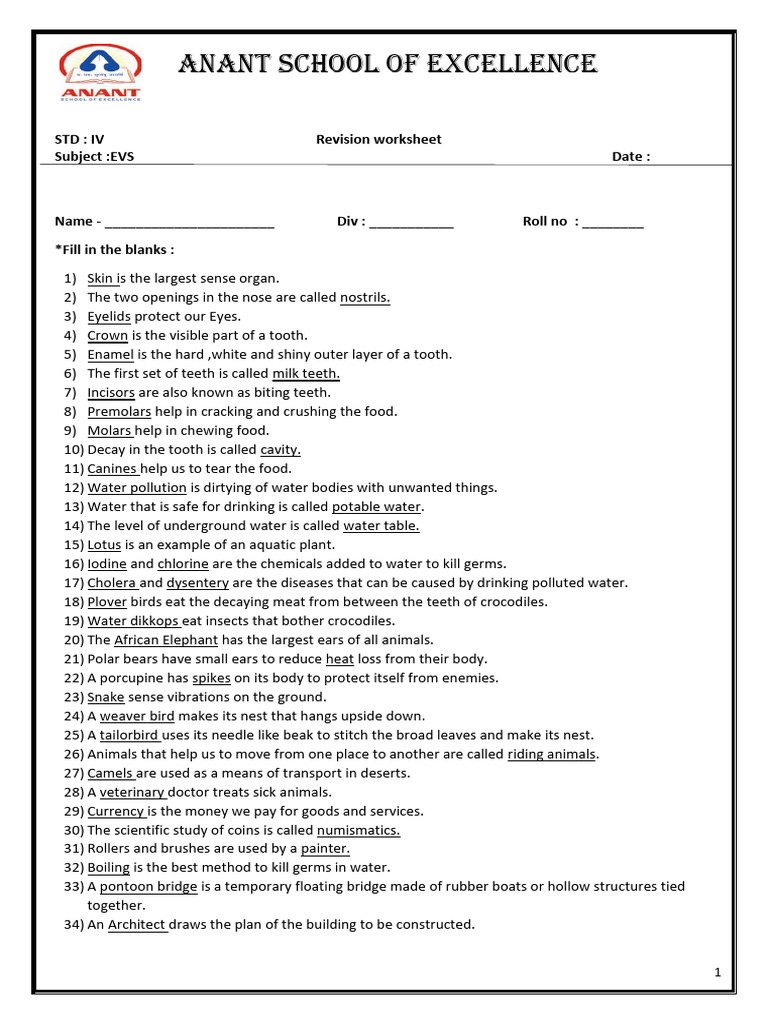 EVS Revision Worksheet for Std IV | PDF | Tooth | Beehive