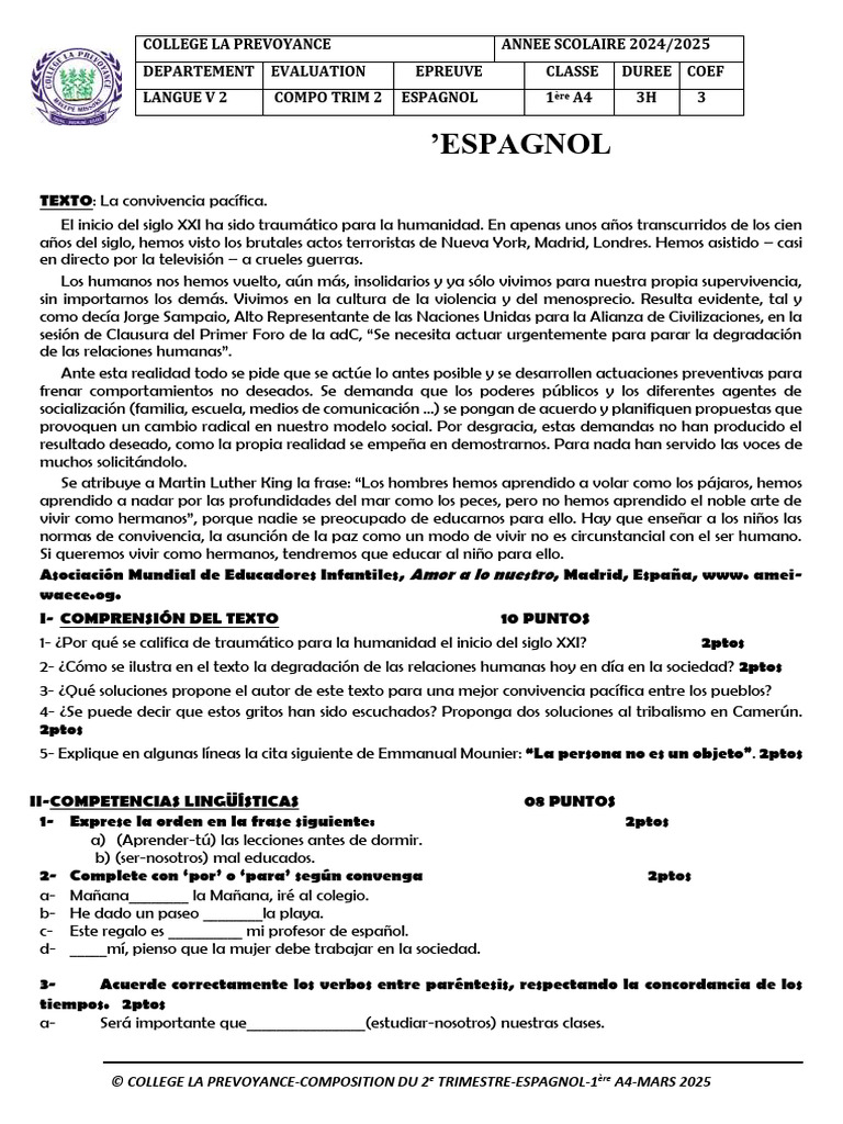 Espagnol 1ere A4 Compo 2e Trimestre 2025 | PDF