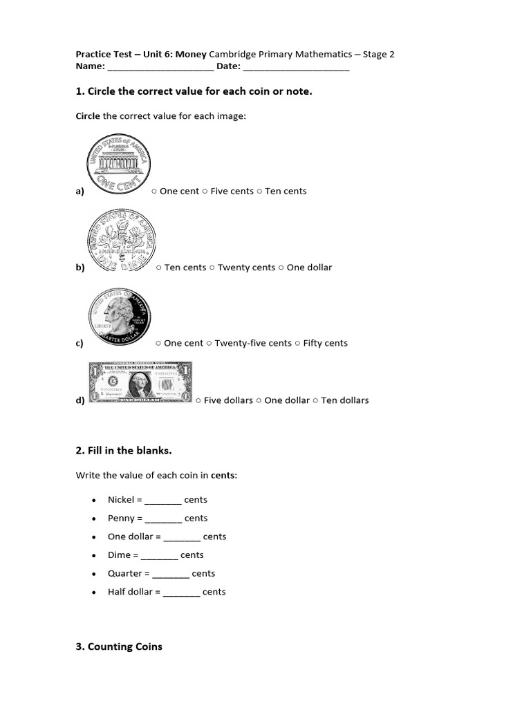 Money Practice Test for Year 5 | PDF