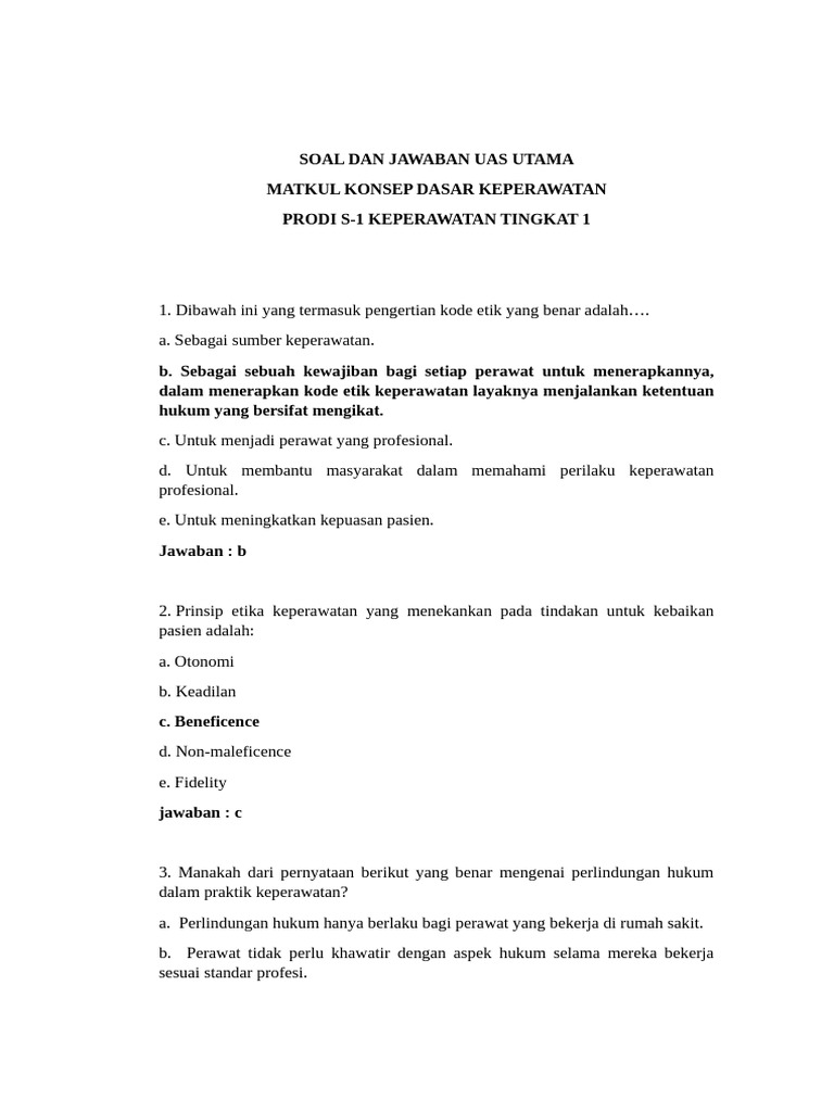 SOAL DAN JAWABAN UAS UTAMA KDK S1 KEP, TK 1 | PDF