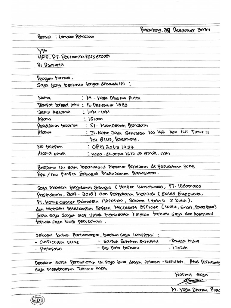Lamaran Pekerjaan M. Yoga Dharma Putra | PDF