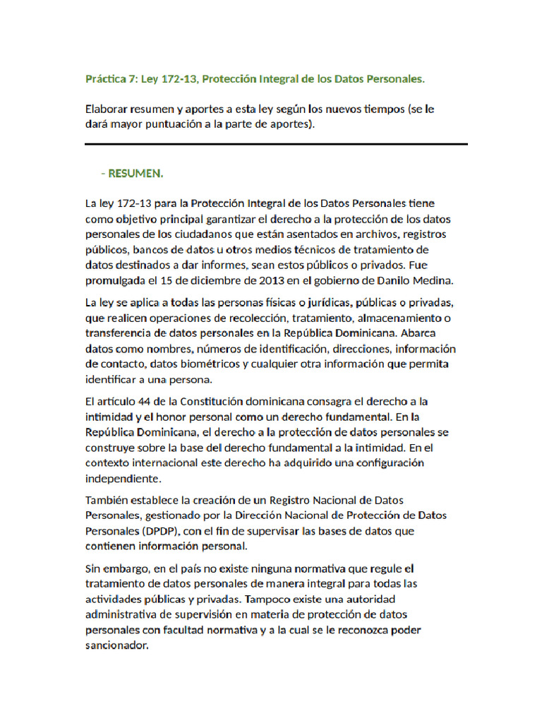 Práctica 7 Ley 172-13 Protección Intregral de Los Datos Personales | PDF