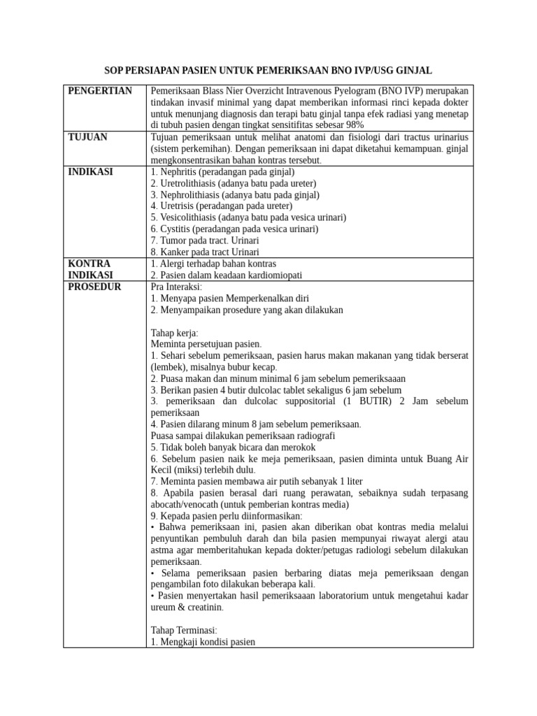 Sop Persiapan Pasien Untuk Pemeriksaan Bno Ivp | PDF