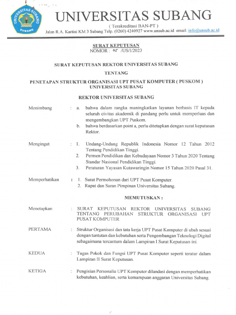 Surat Keputusan Penetapan Struktur Organisasi Upt Puskom | PDF