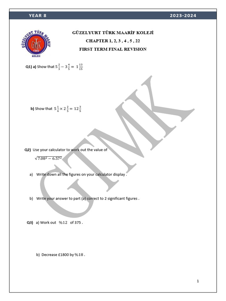 YEAR 8 revision for final 2023 | PDF | Area | Numbers