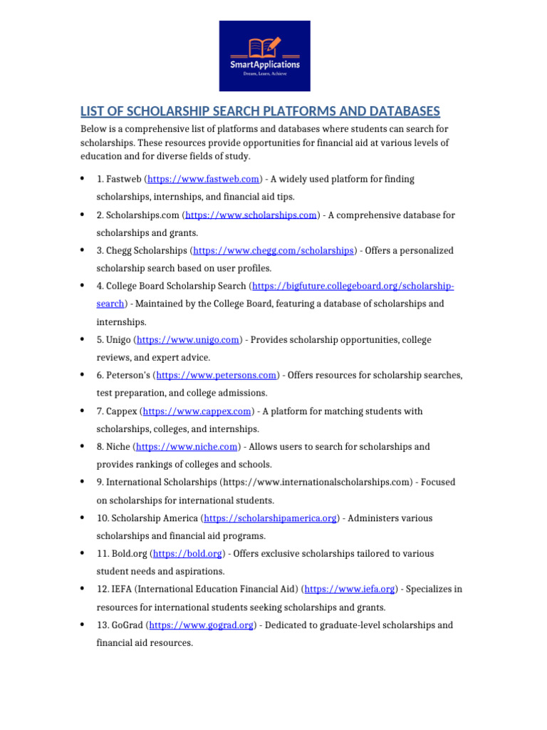 Scholarship Search Platforms List | PDF