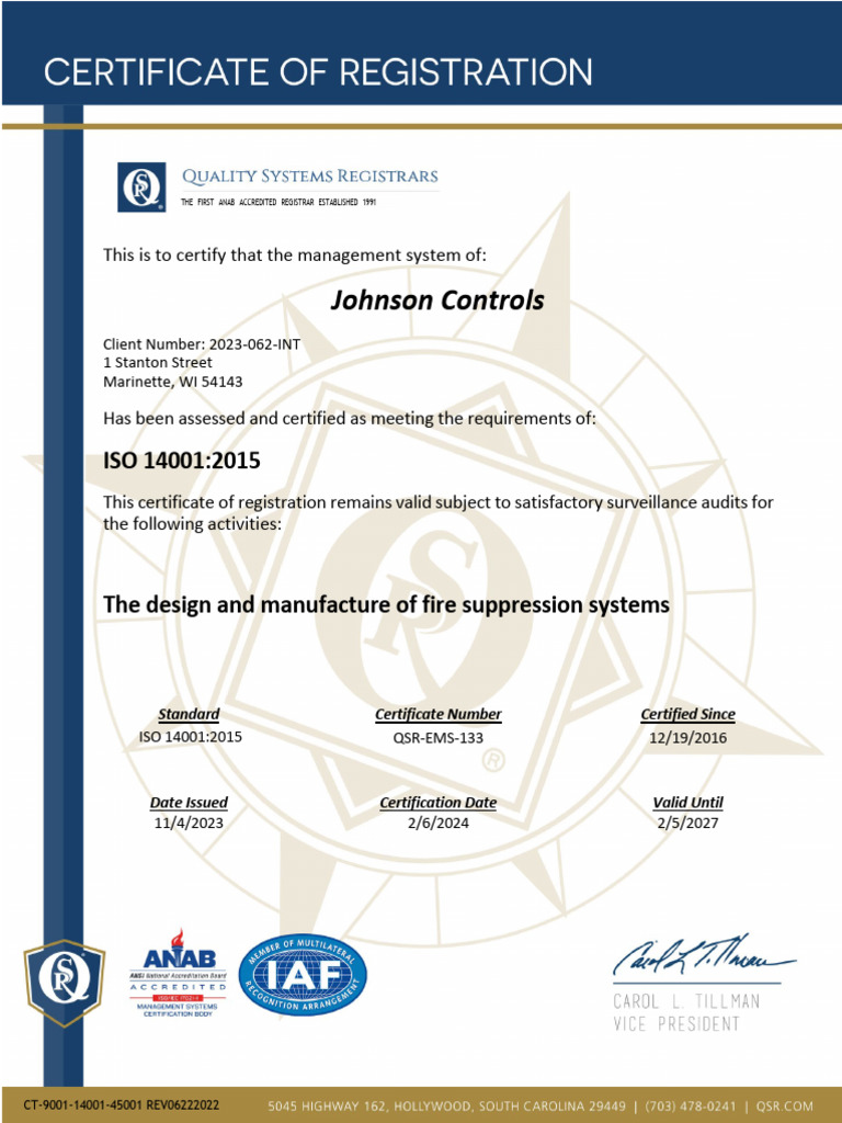 Johnson Controls ISO 14001 Certification | PDF