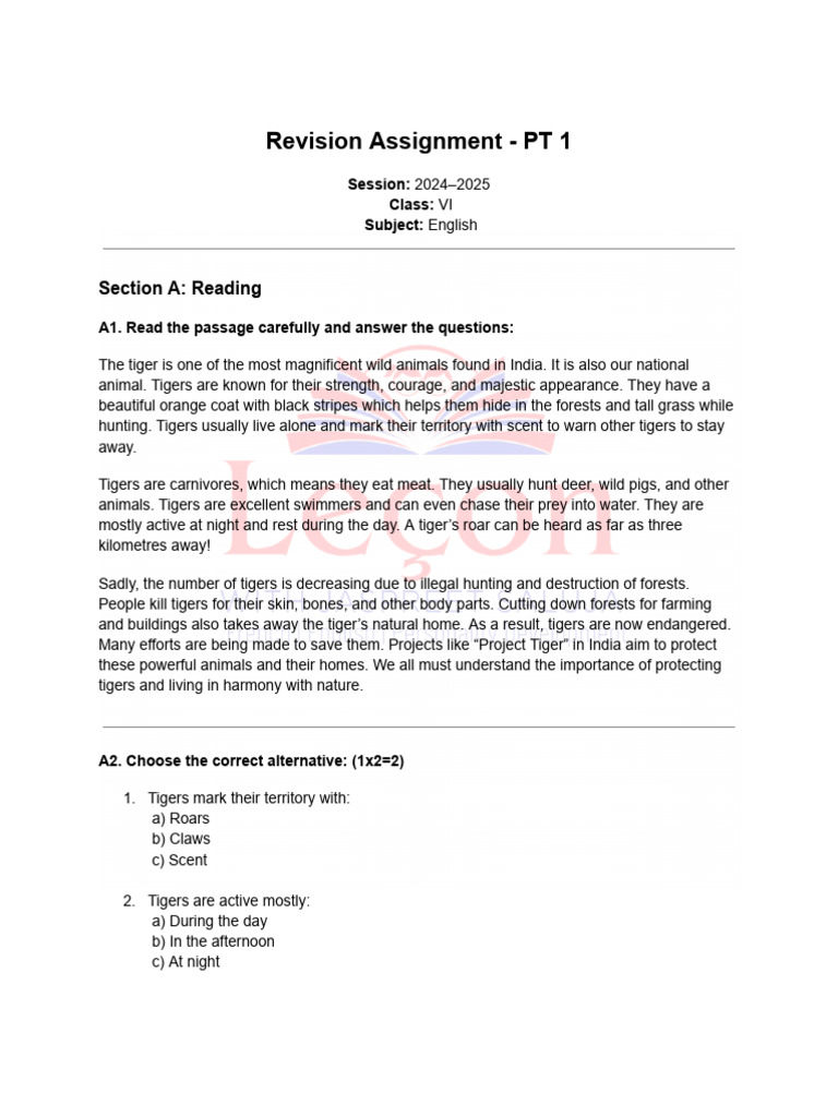 Revision Assignment - PT 1 | PDF | Tiger | Zoology