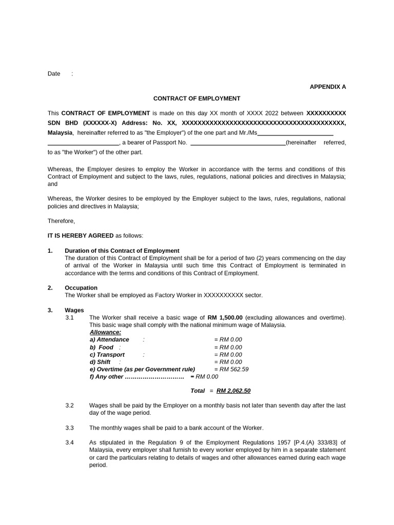 Employment Contract Template Malaysia | PDF | Employment | Labour Law